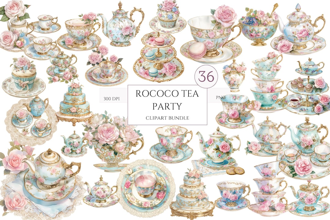 Rococo Tea Party, Vintage Floral Tea Time Clipart, Pastel Tea Clipart ...