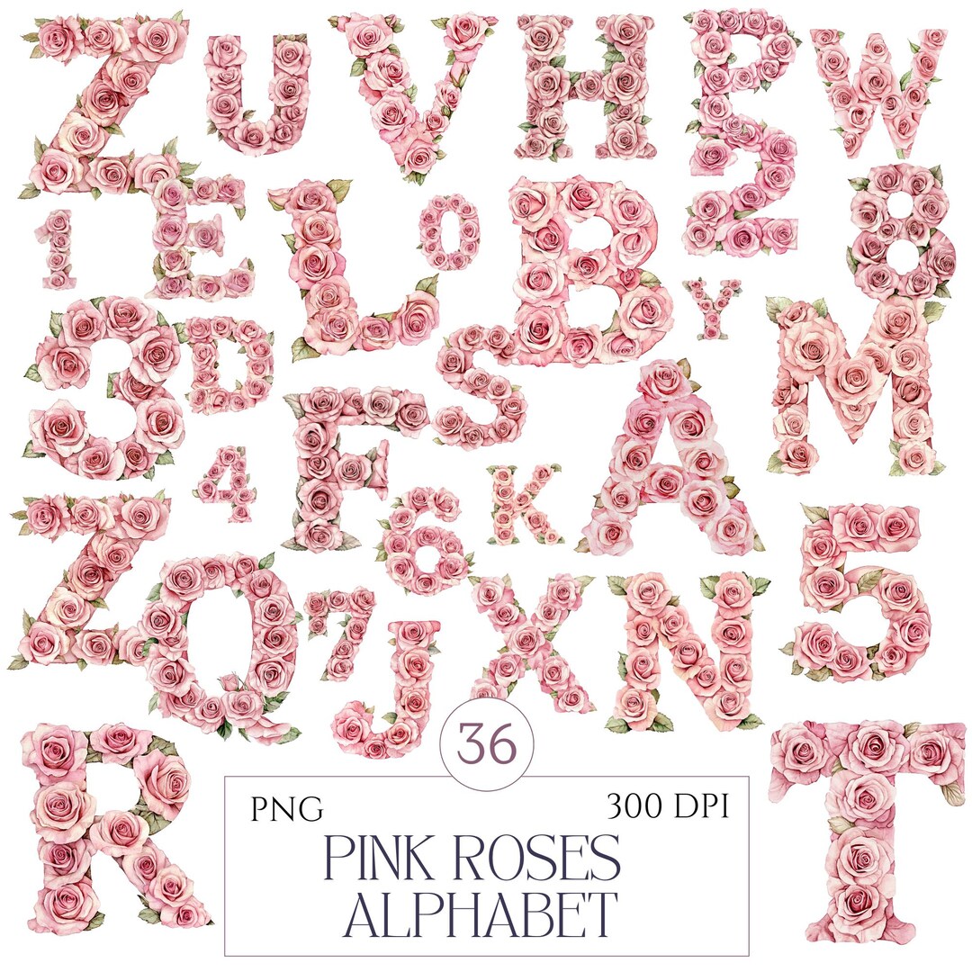 Pink Rose Alphabet Clipart | Floral Letter & Number PNG | A-Z and 0-9 ...