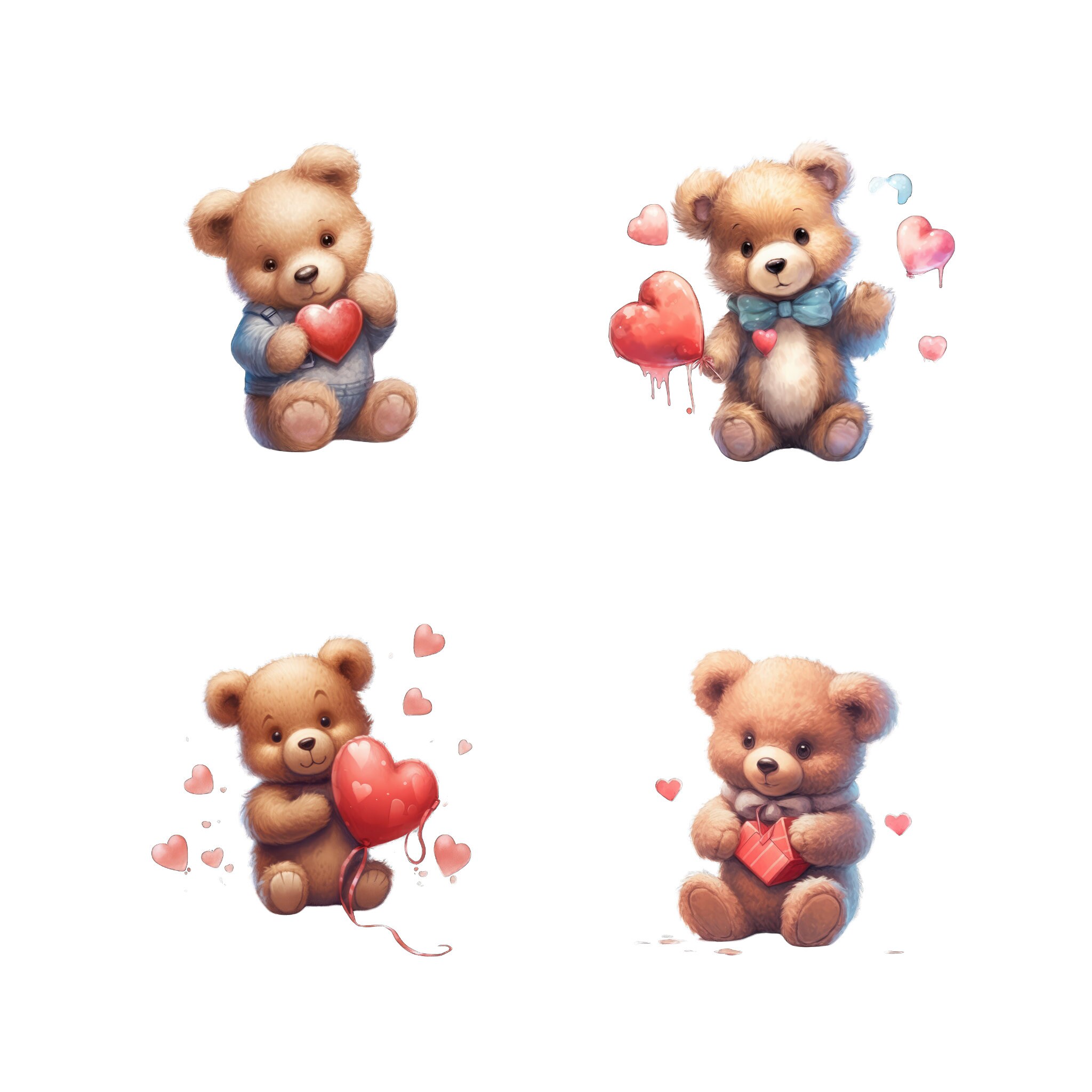 Watercolor Valentines Teddy Bear Clipart, 12 PNG Valentines Day Clipart ...