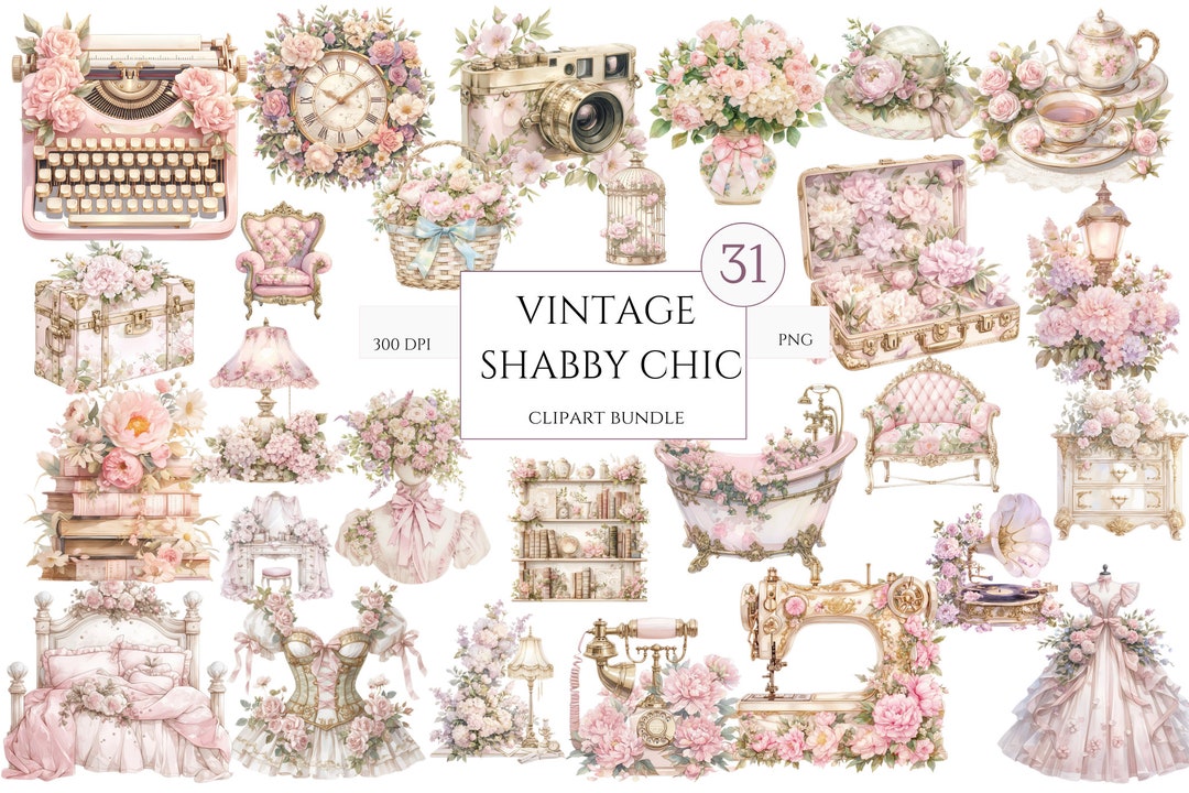 Shabby Chic Clipart, Watercolor Victorian Decor Clipart, Junk Journal ...