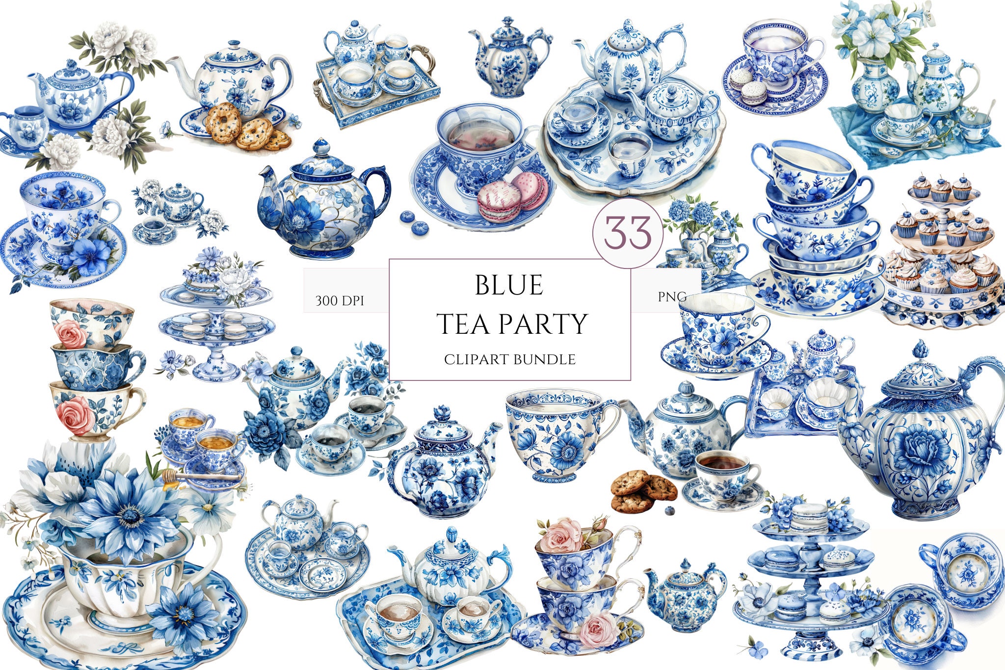 33 PNG Watercolor Vintage Blue Tea Time Clipart, Pastel Tea Clipart ...