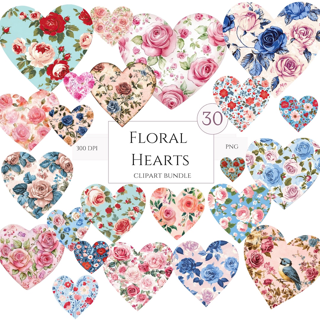 Floral Hearts Valentine Clip Art, Valentine Ephemera, Hearts Clipart ...