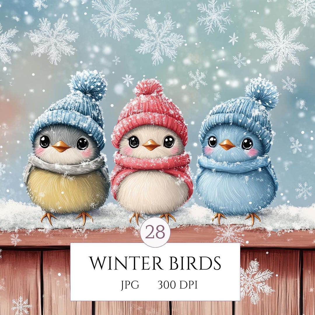 Cute Winter Birds Clipart, Woodland Snowy Winter Birds Print, Junk ...