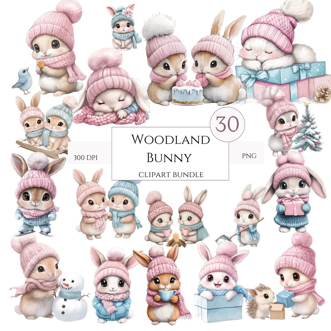 Woodland Winter Bunny Clip Art, Watercolor Christmas Clip Art Bundle ...