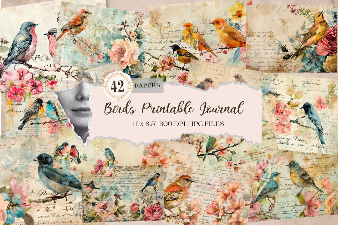 42 Junk Journal Printable, Birds , Vintage Journal Papers, Flowers Junk ...