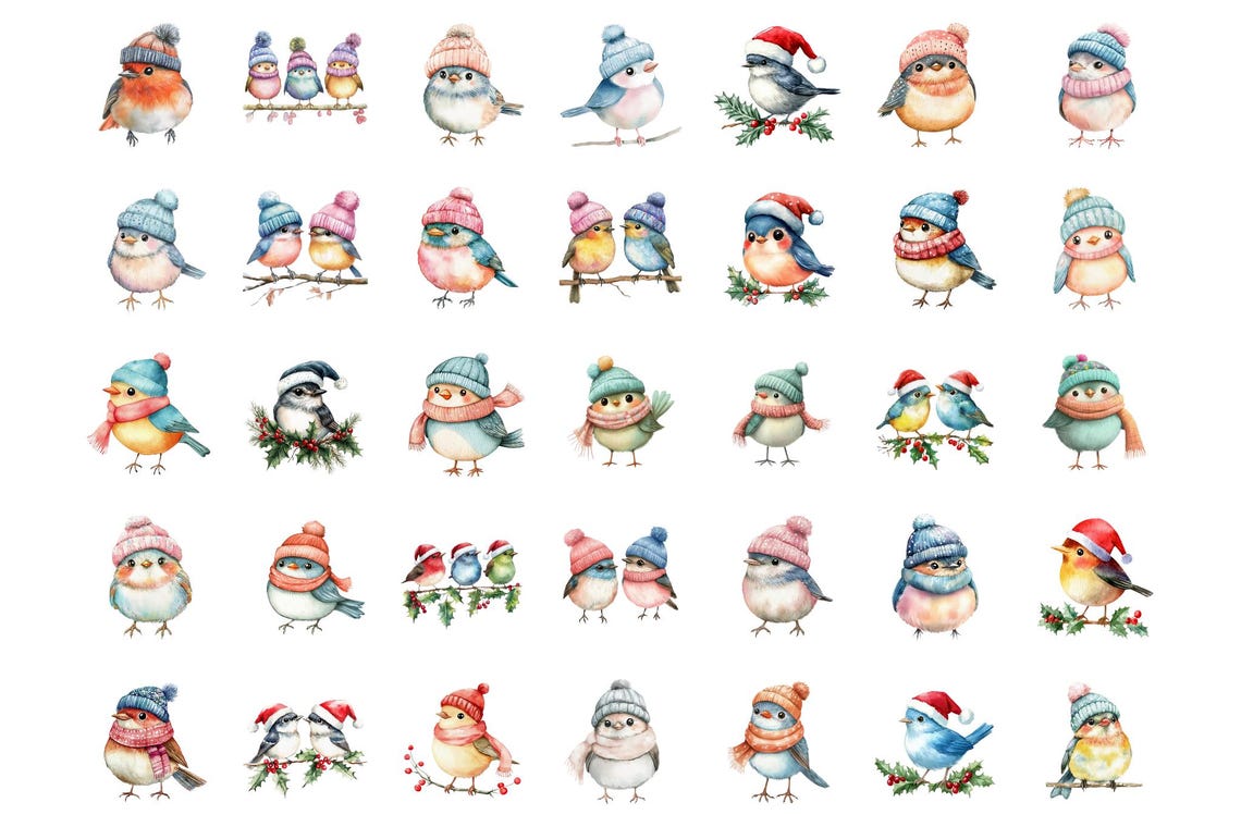 37 Christmas Bird PNG Clipart Bundle, Watercolor Xmas Bird Transparent ...