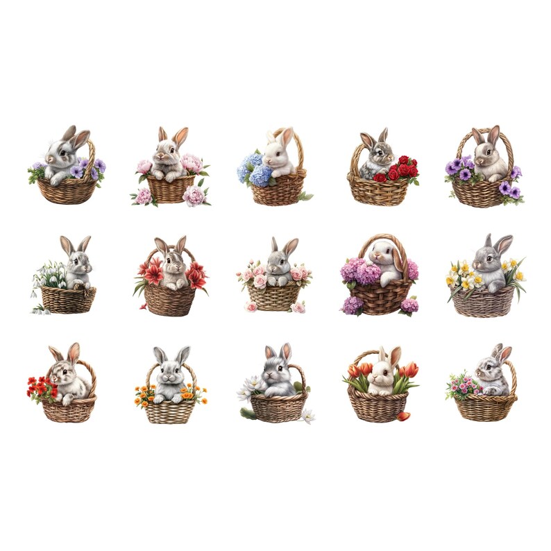 Easter Bunny Clipart, Bunny in the Floral Basket, Easter Nursery Floral ...