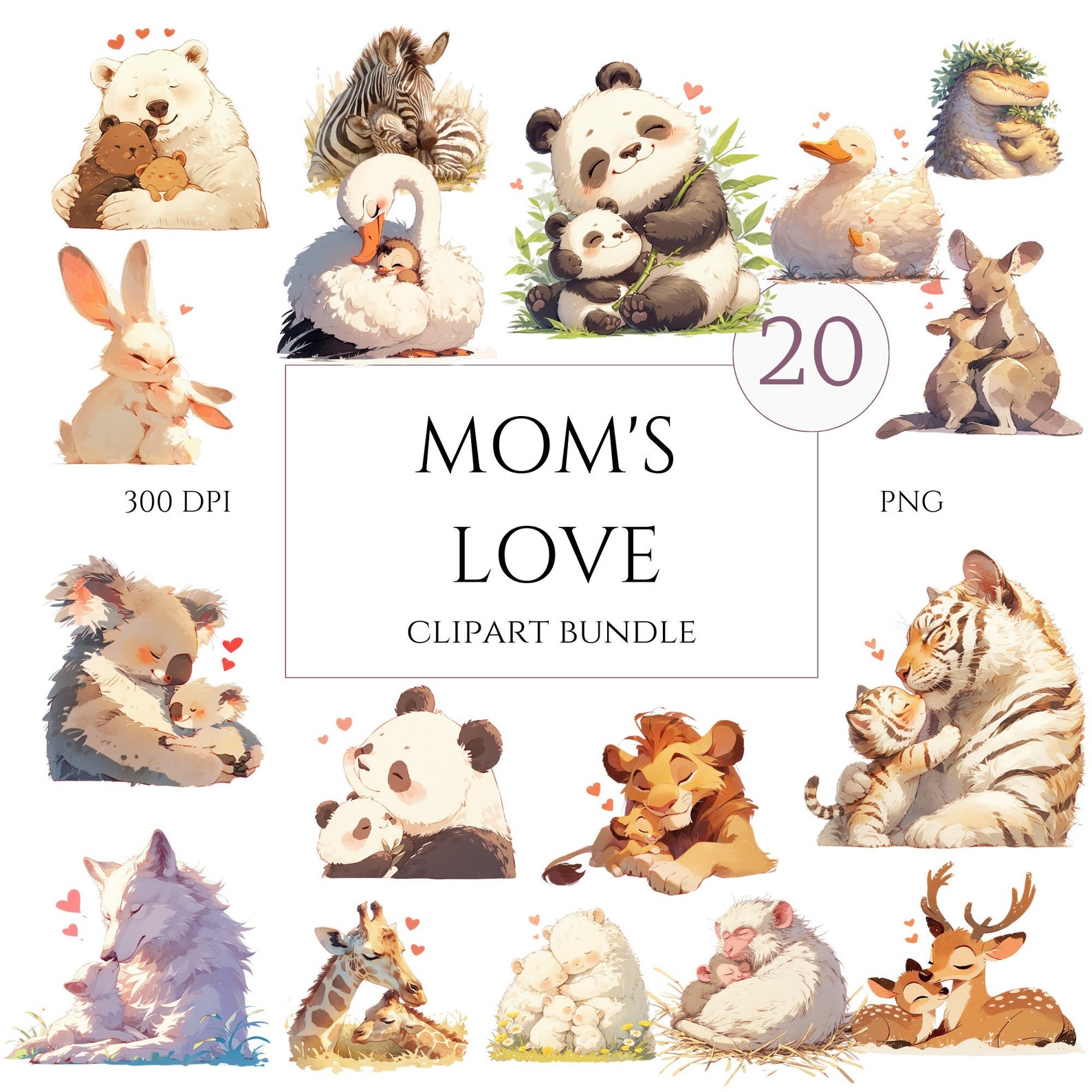 Watercolor Mama and Baby Animal Clipart, Baby Animals, 20 Cute Animal ...
