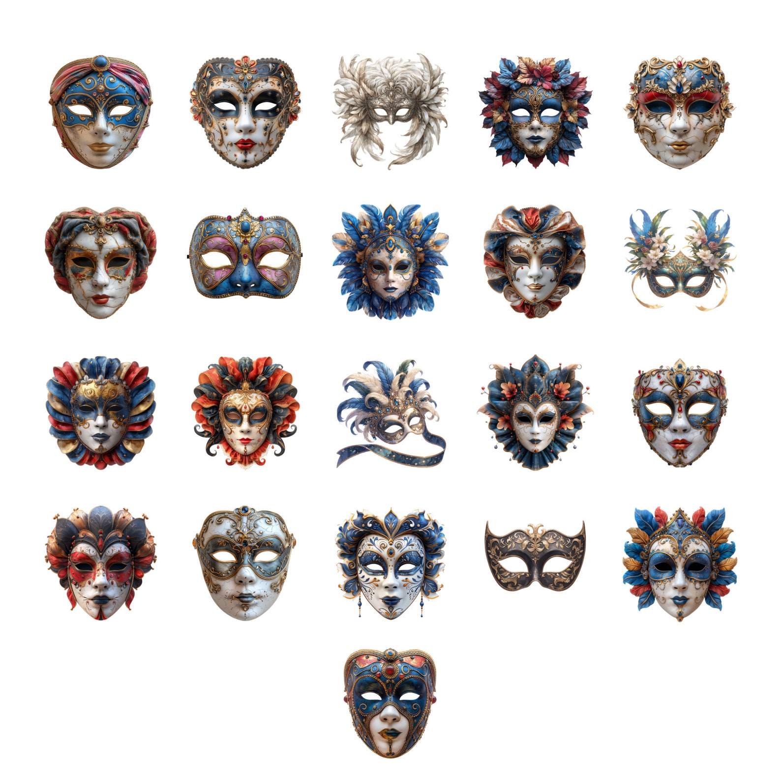 Vintage Venetian Masks Clipart Collection, 21 Watercolor Pngs, Italian ...