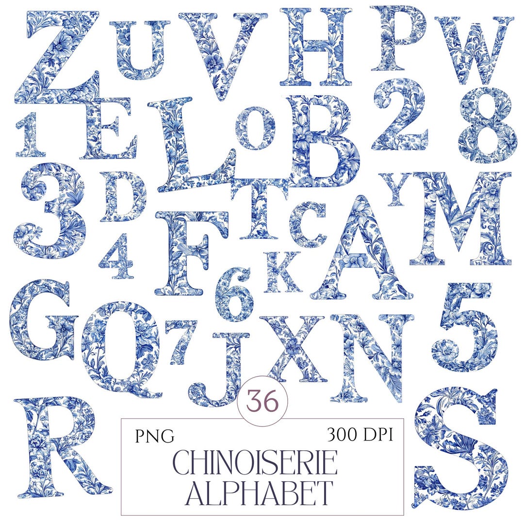Chinoiserie Alphabet Clipart Bundle, 36 PNG Vintage Blue Watercolor ...