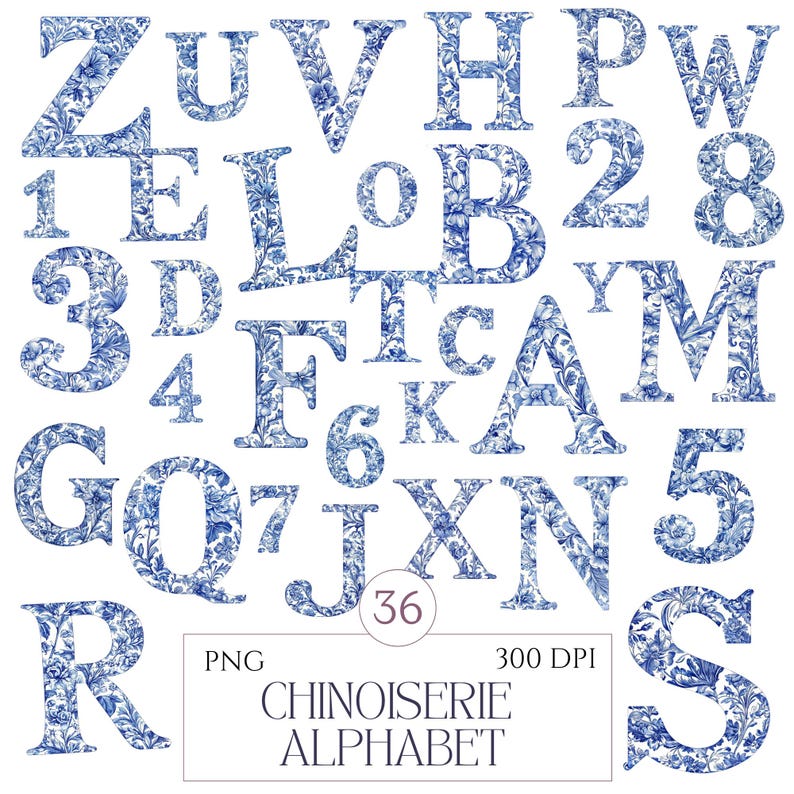 Chinoiserie Alphabet Clipart Bundle, 36 PNG Vintage Blue Watercolor ...