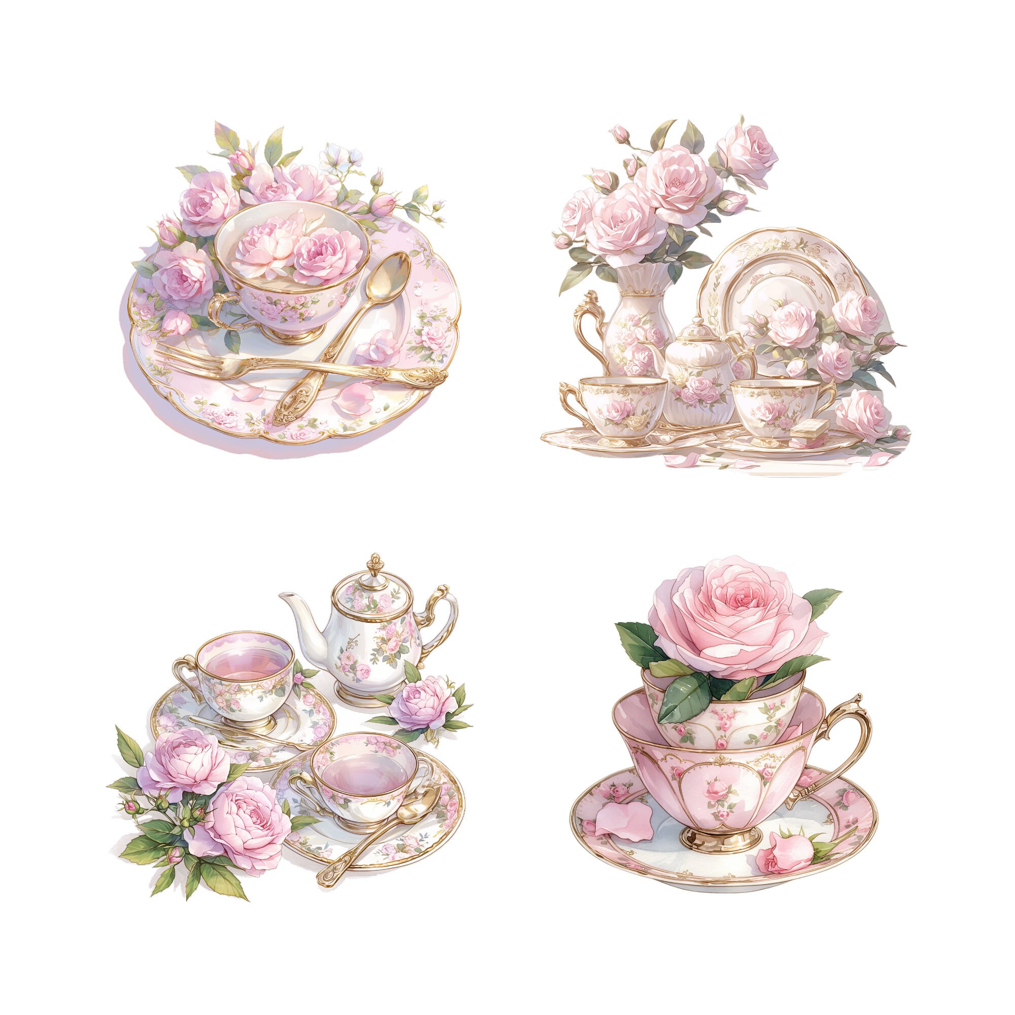 33 PNG Watercolor Vintage Roses Tea Time Clipart, Pastel Tea Clipart ...
