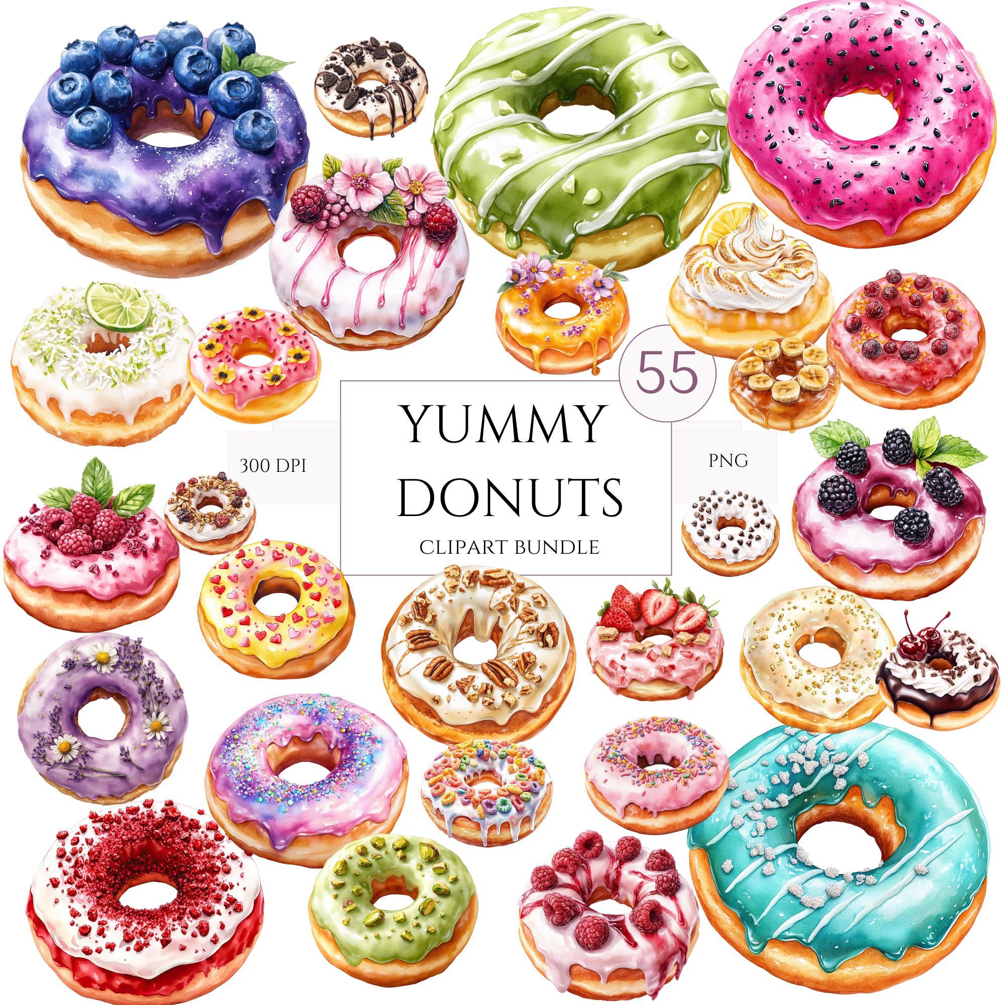 Frosted Donut Watercolor Clipart Set, Yummy Donut 55 PNG Illustrations ...