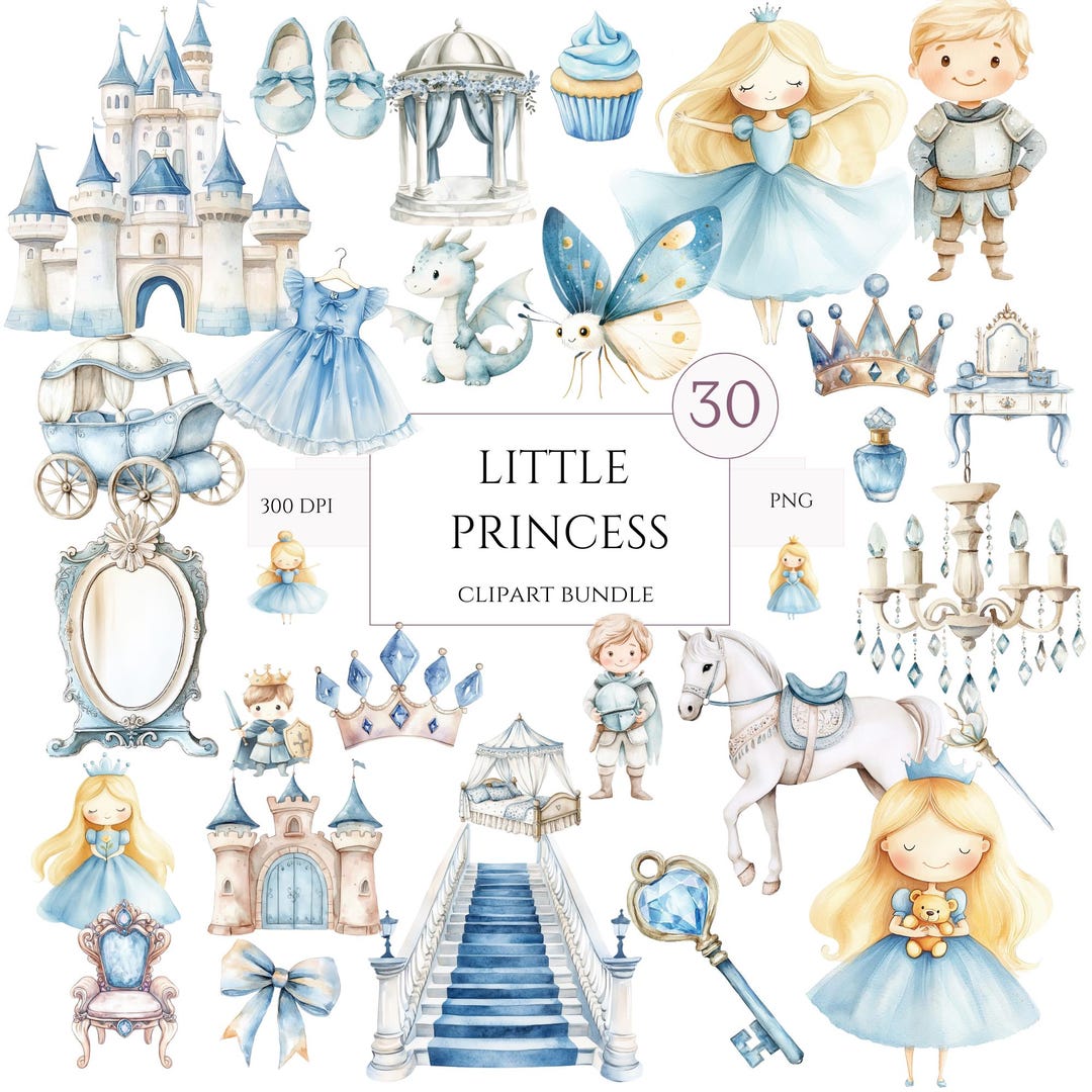 Watercolor Princess Clipart | Blue Fairytale Princess PNG | Cute Girl ...