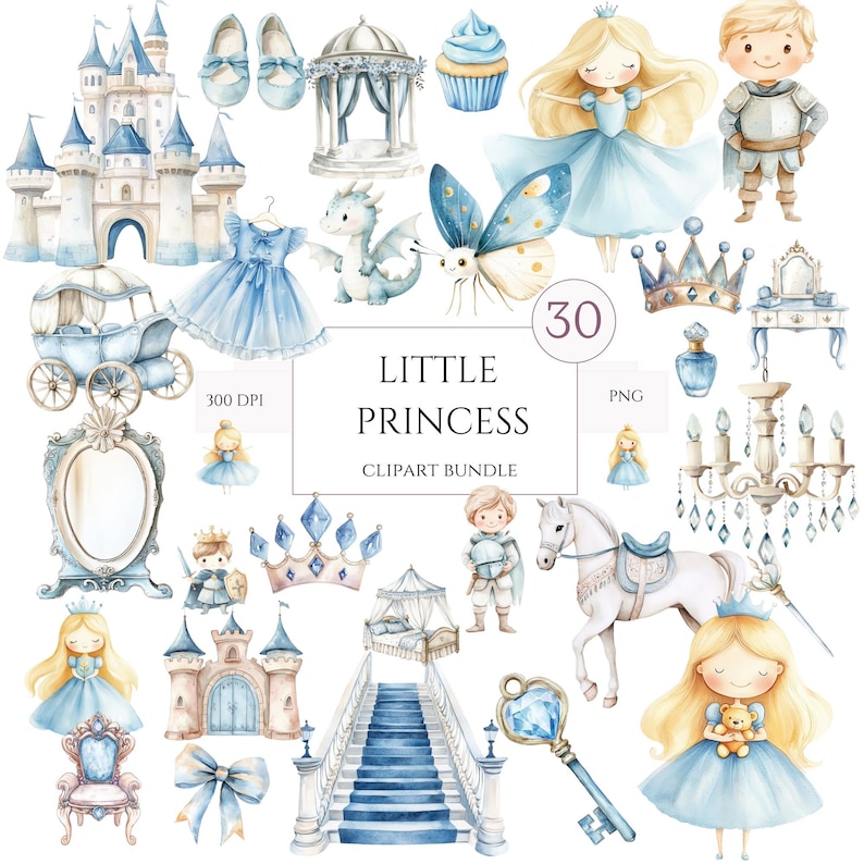 Watercolor Princess Clipart | Blue Fairytale Princess PNG | Cute Girl ...