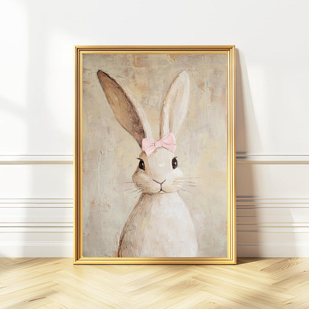 Pastel Cute Bunny Painting Wall Art, Blush Spring White Bunny With A ...