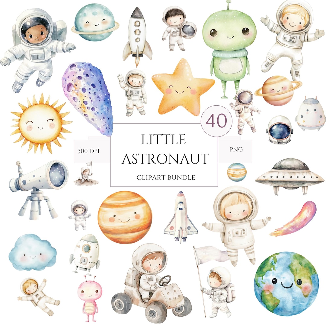Watercolor Space Clipart | 40 PNG Cute Astronaut & Rocket Bundle | Cute ...