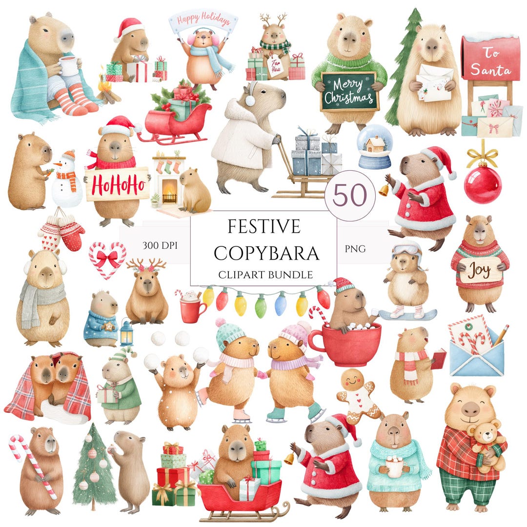 Watercolor Cute Winter Capybara Clipart - Holiday PNG Graphics for ...
