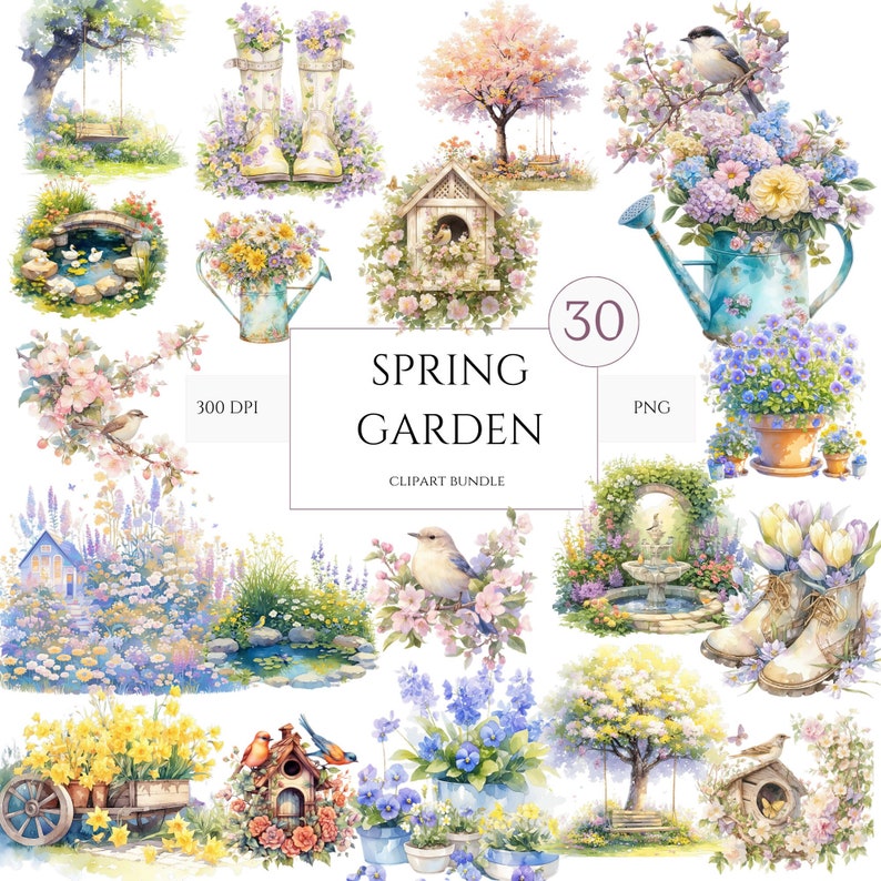 30 PNG Watercolour Spring Garden Clipart, Garden PNG Bundle, Spring ...