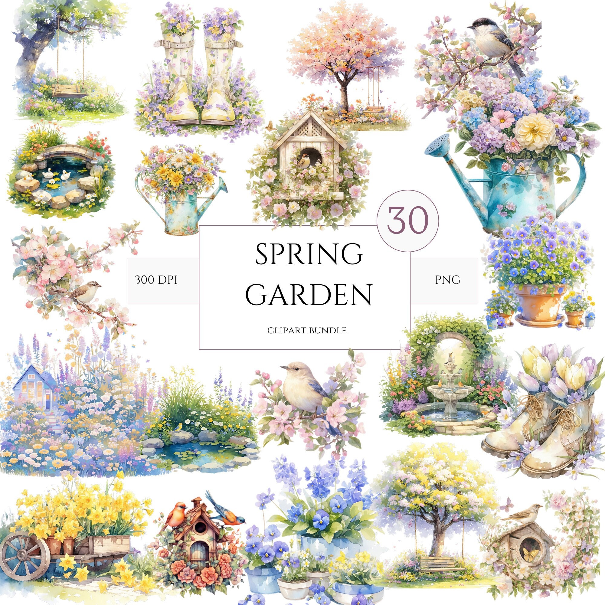 30 PNG Watercolour Spring Garden Clipart, Garden PNG Bundle, Spring ...