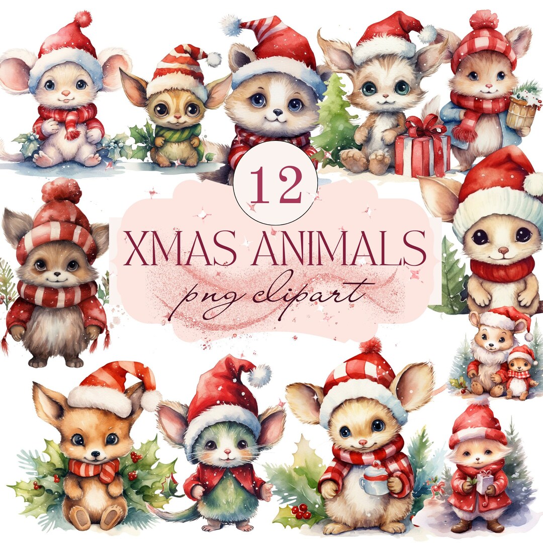 Christmas Animals Watercolor Clipart Bundle - 12 PNG Festive Animal ...