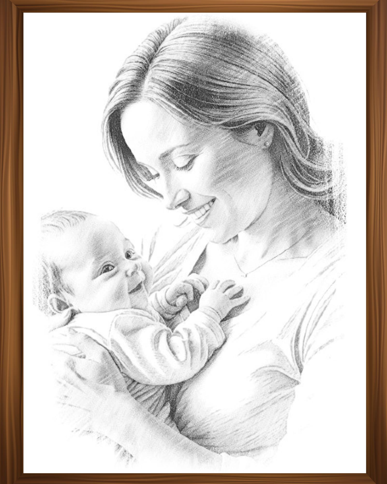 Printable Pencil Drawing – Mom Holding Newborn, A Digital Art for Baby ...