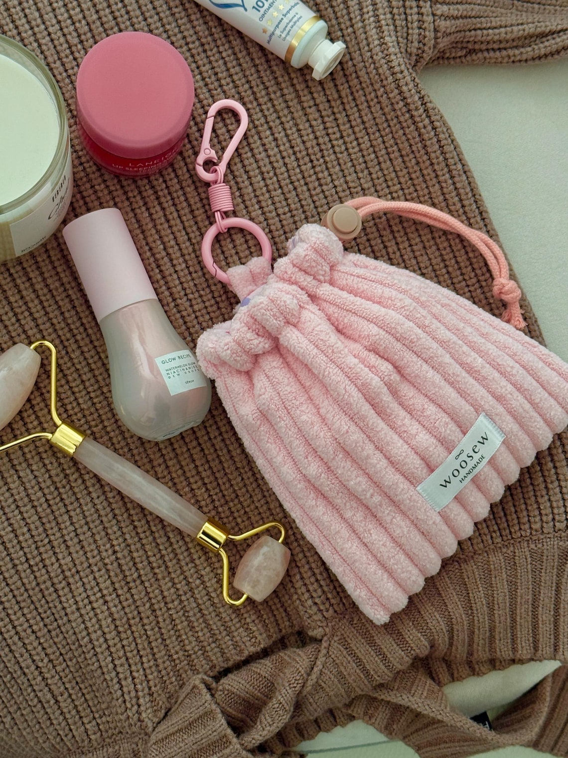 Pastel Pink Plush Organizer Bag With Clip – Soft Drawstring Travel ...