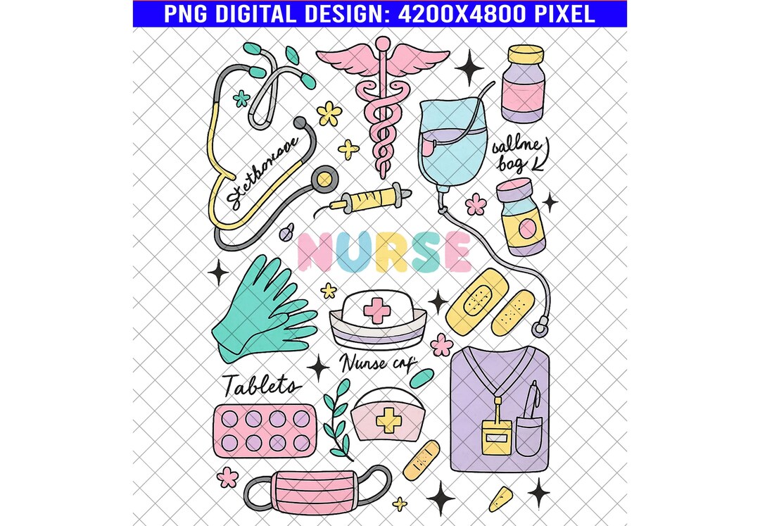 Pastel Nurse PNG Clipart Bundle, Cute Medical Supplies Sublimation ...