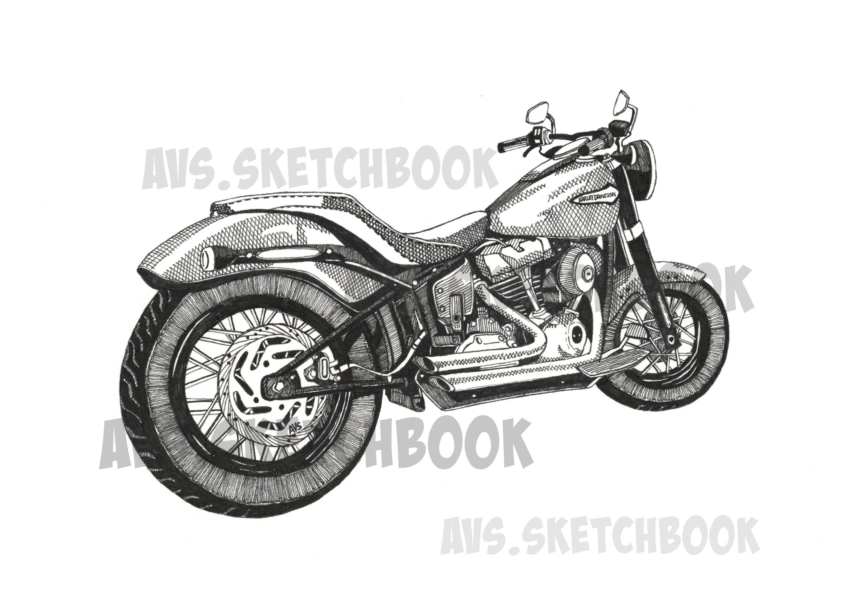 Detailed Harley Softail - Pen and Ink Motorcycle Drawing - Etsy