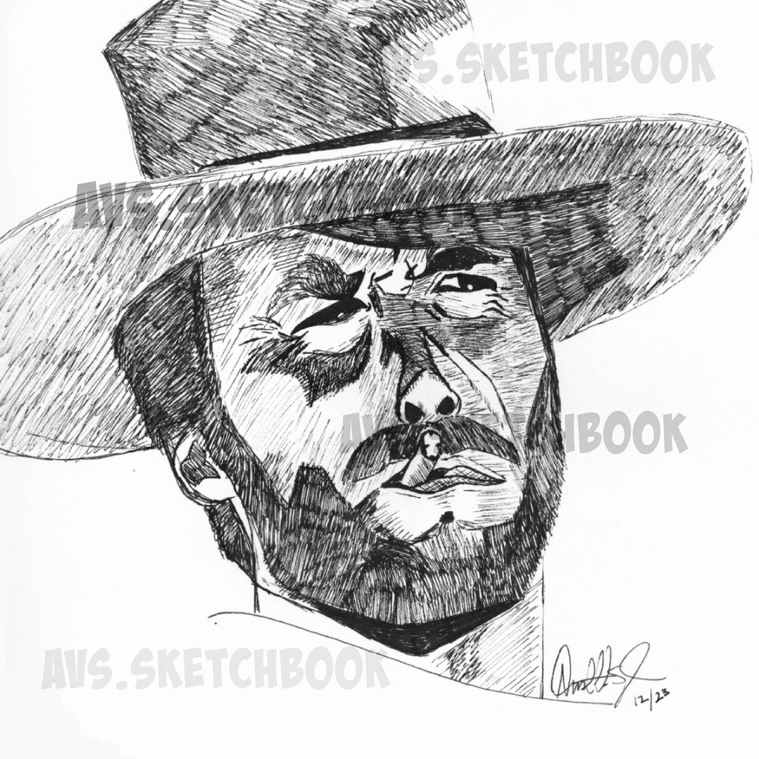Clint Eastwood Inspired Cowboy - Western Ink Drawing - Etsy