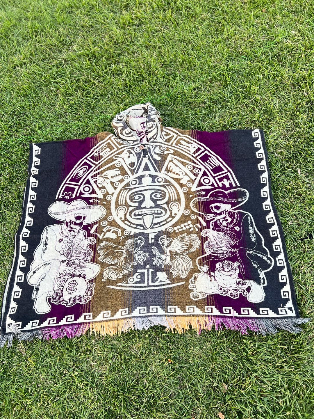 Handmade Aztec Calendar Poncho, Skeleton Charro, Warm and Soft Poncho ...