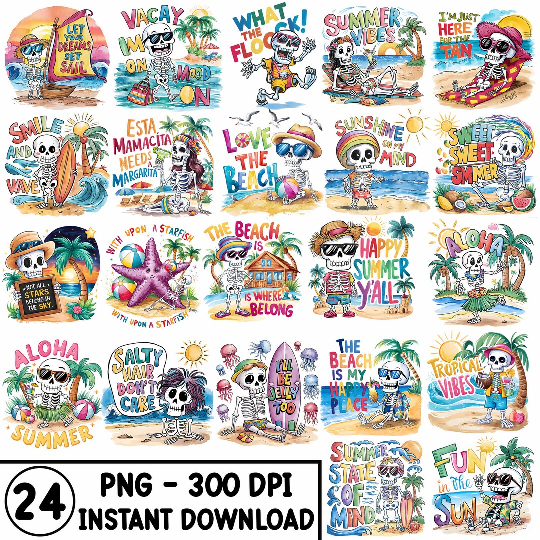 Funny Summer Skeleton Png Bundle, Snarky Skeleton Sublimation Design ...