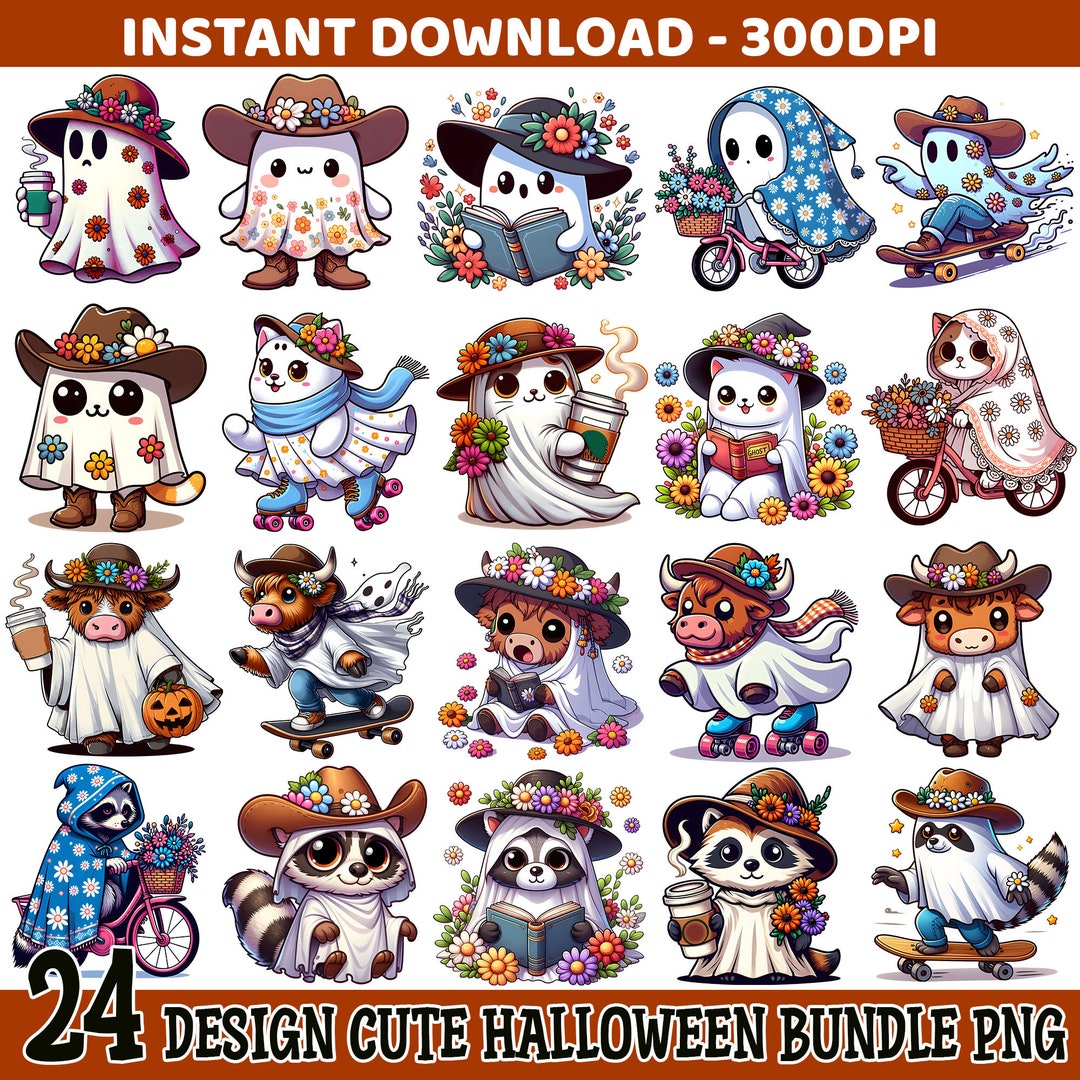 Retro Cute Ghost Png Bundle, Halloween Cute Ghost Png Bundle, Funny Boo ...