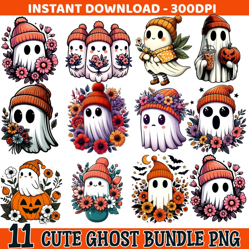 Cute Flower Ghosts Bundle PNG, Spooky Girly Sheet Ghosts, Multi Bundle ...