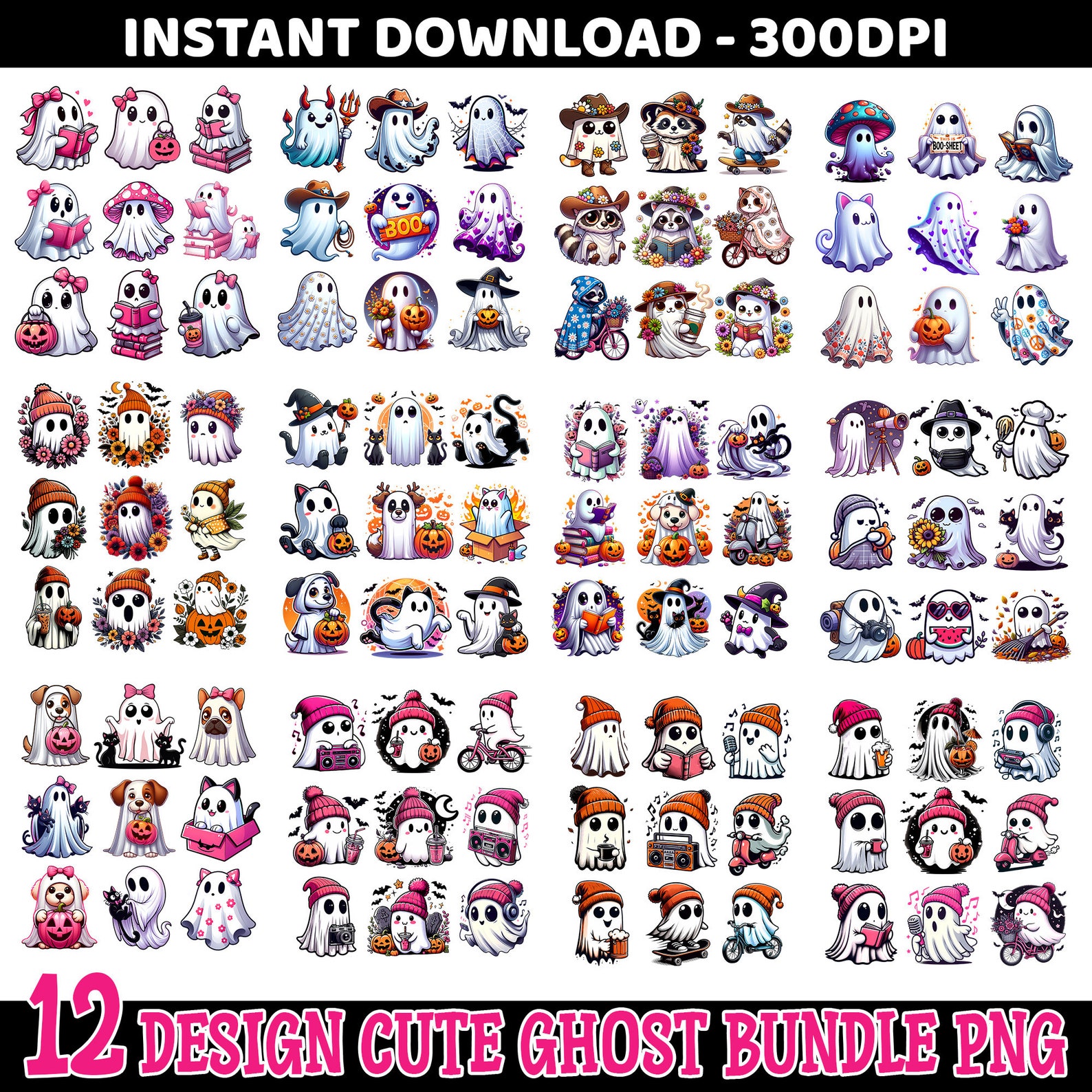 Cute Ghost Png Bundle, Funny Book Lover Halloween PNG, Cute Ghost Book ...