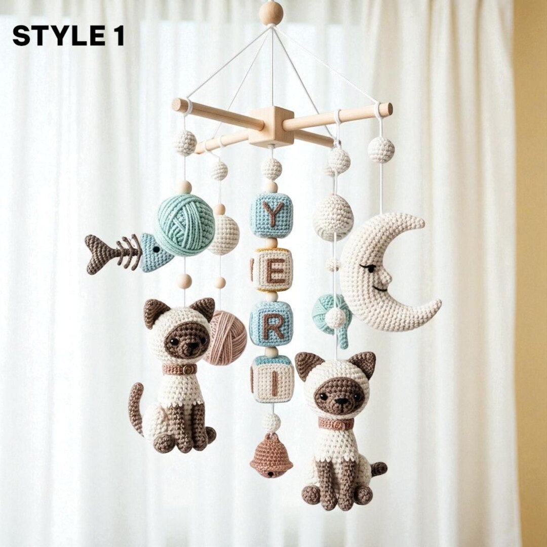 Custom Personalized Siamese Cat Baby Mobile, Crochet Kitten Crib Mobile ...