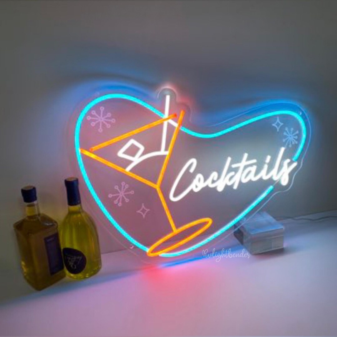Mid Century Cocktails Neon Sign, Home Bar Neon Sign, Open Cocktails Bar ...