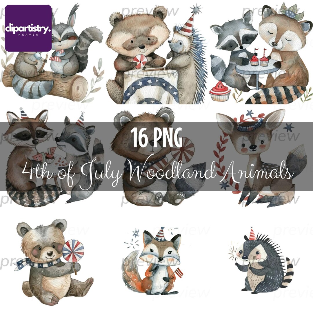 4th of July Woodland Animals Clipart Bundle, Patriotic Raccoon, Deer ...