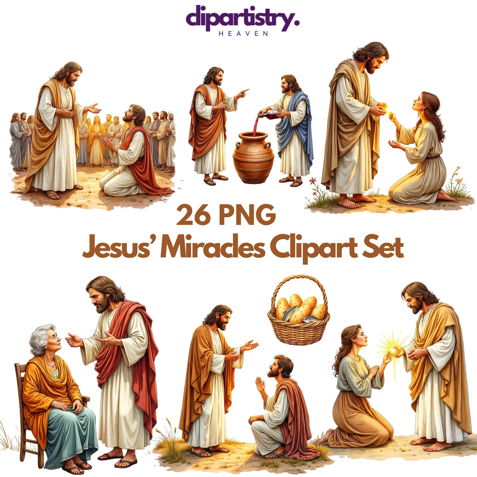 Jesus’ Miracles Clipart Set – 26 PNG Christian Graphics for Bible ...