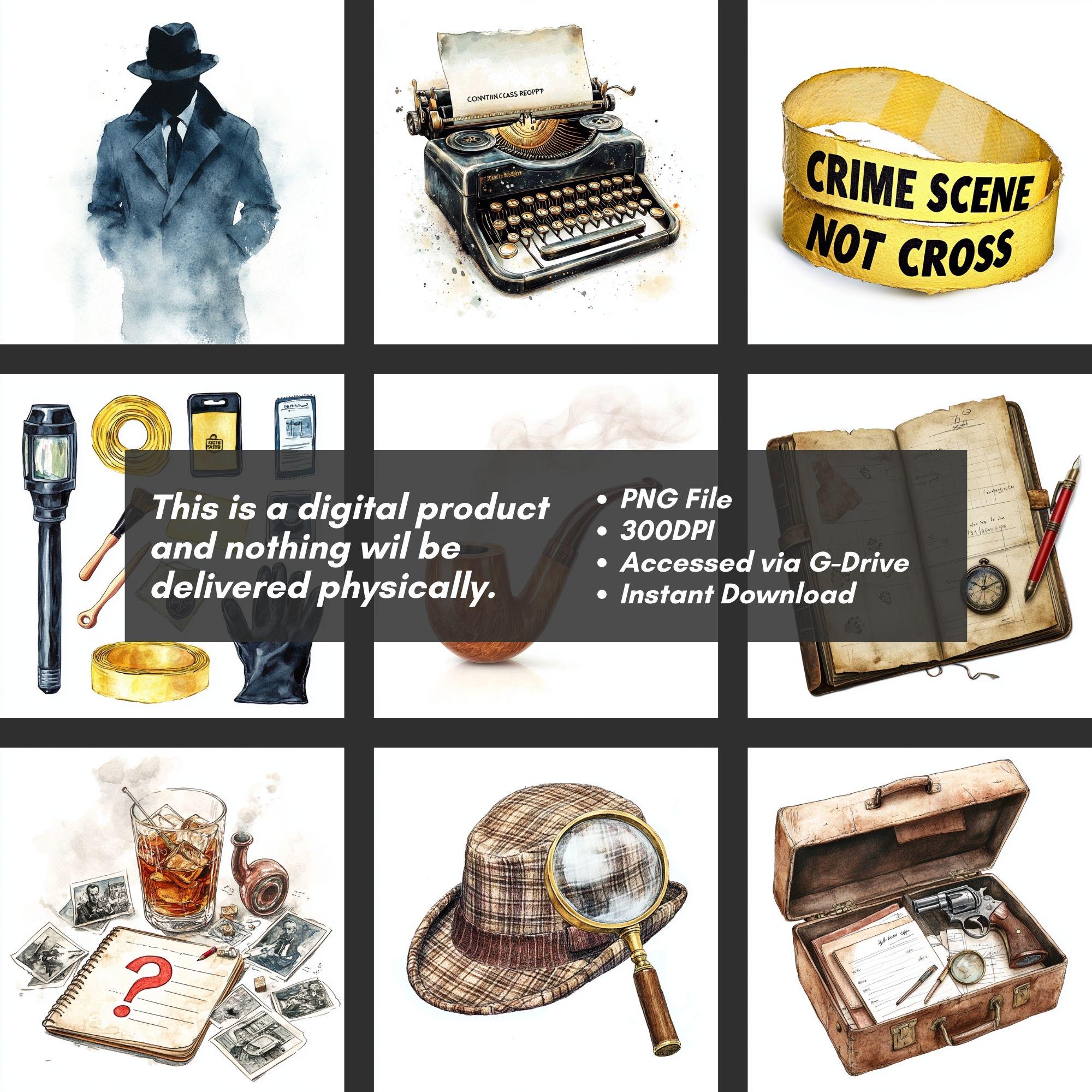 Watercolor Detective Clipart: Mystery Crime Scene PNG (digital Download ...