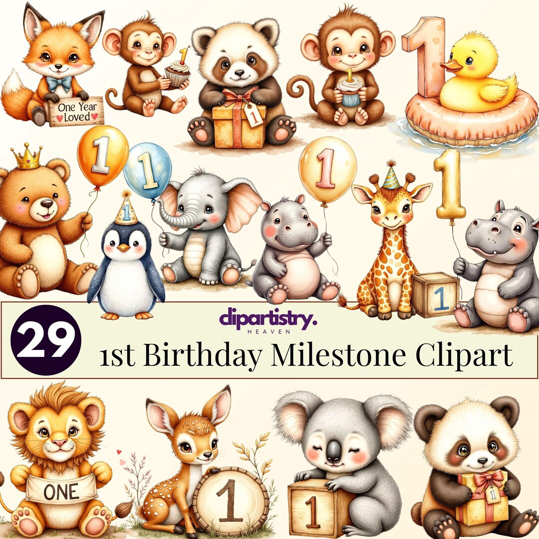 1st Birthday Milestone Clipart Bundle | 29 Cute Baby Pngs | One Year ...