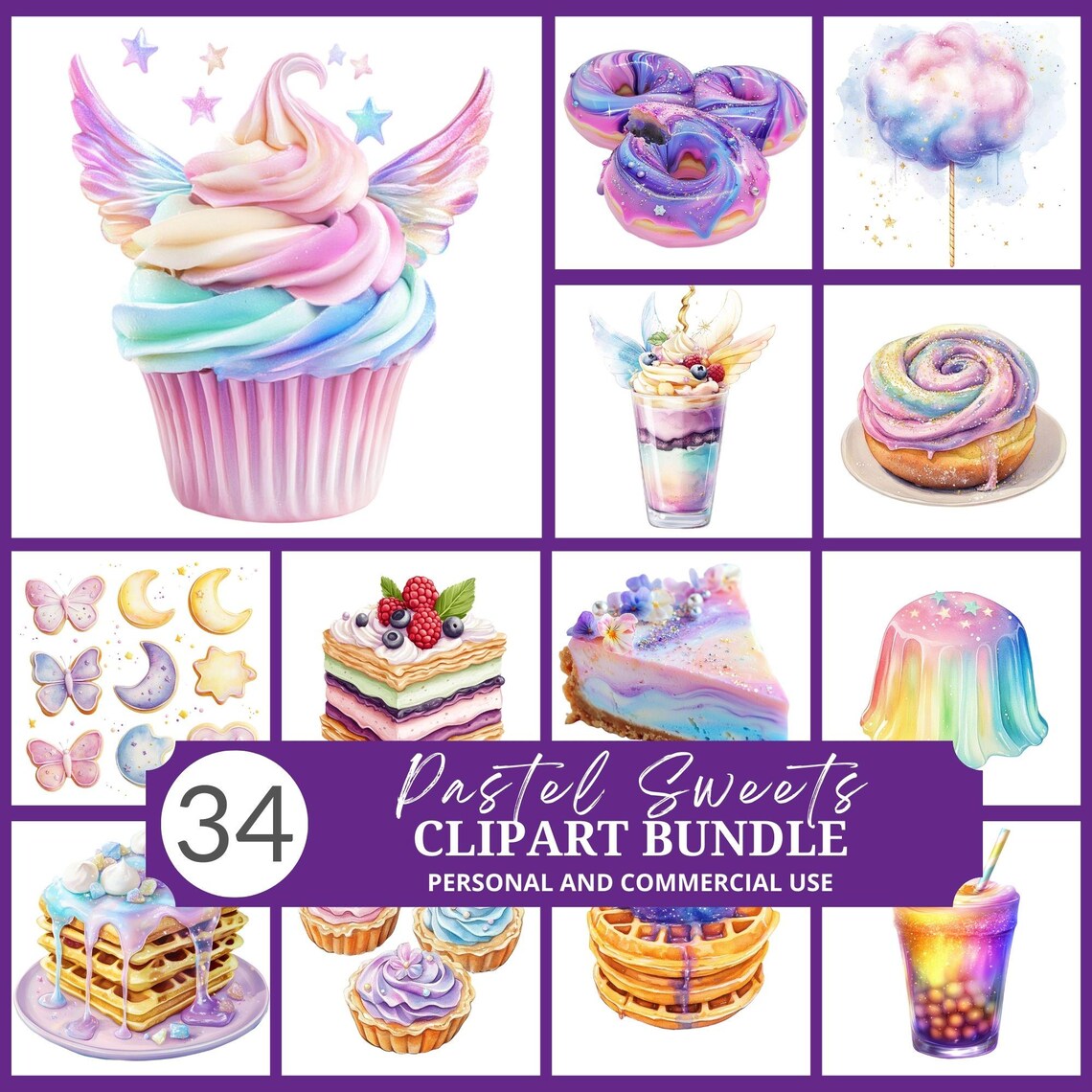 Watercolor Pastel Sweets Clipart, Cute Dessert PNG Bundle, Donut ...