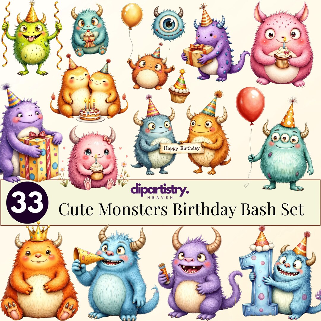 Cute Monsters Birthday Clipart Bundle | 33 PNG | Kids Birthday Party ...