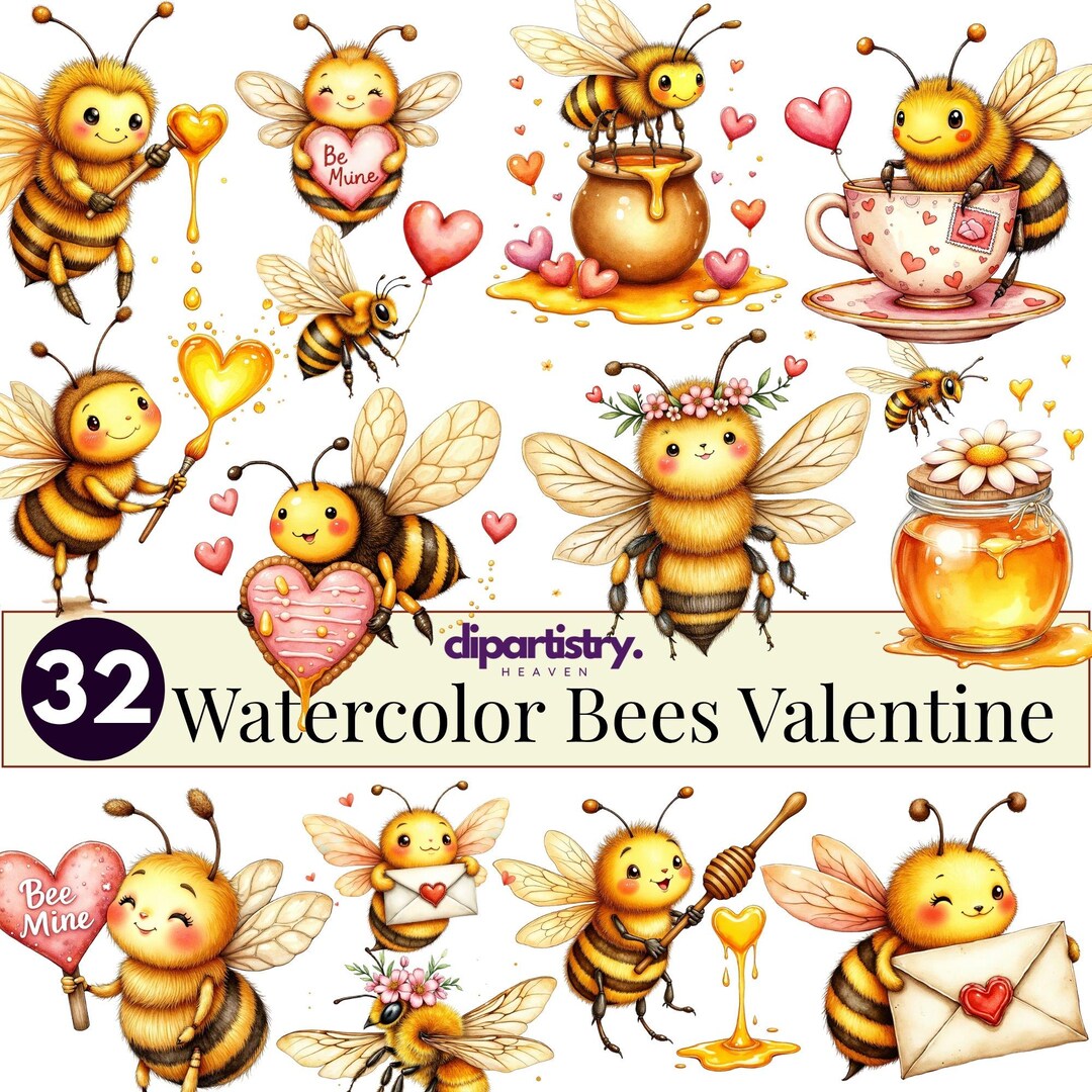 Watercolor Bees Valentine Clipart Bundle – Cute Honey Art, Floral Bee ...