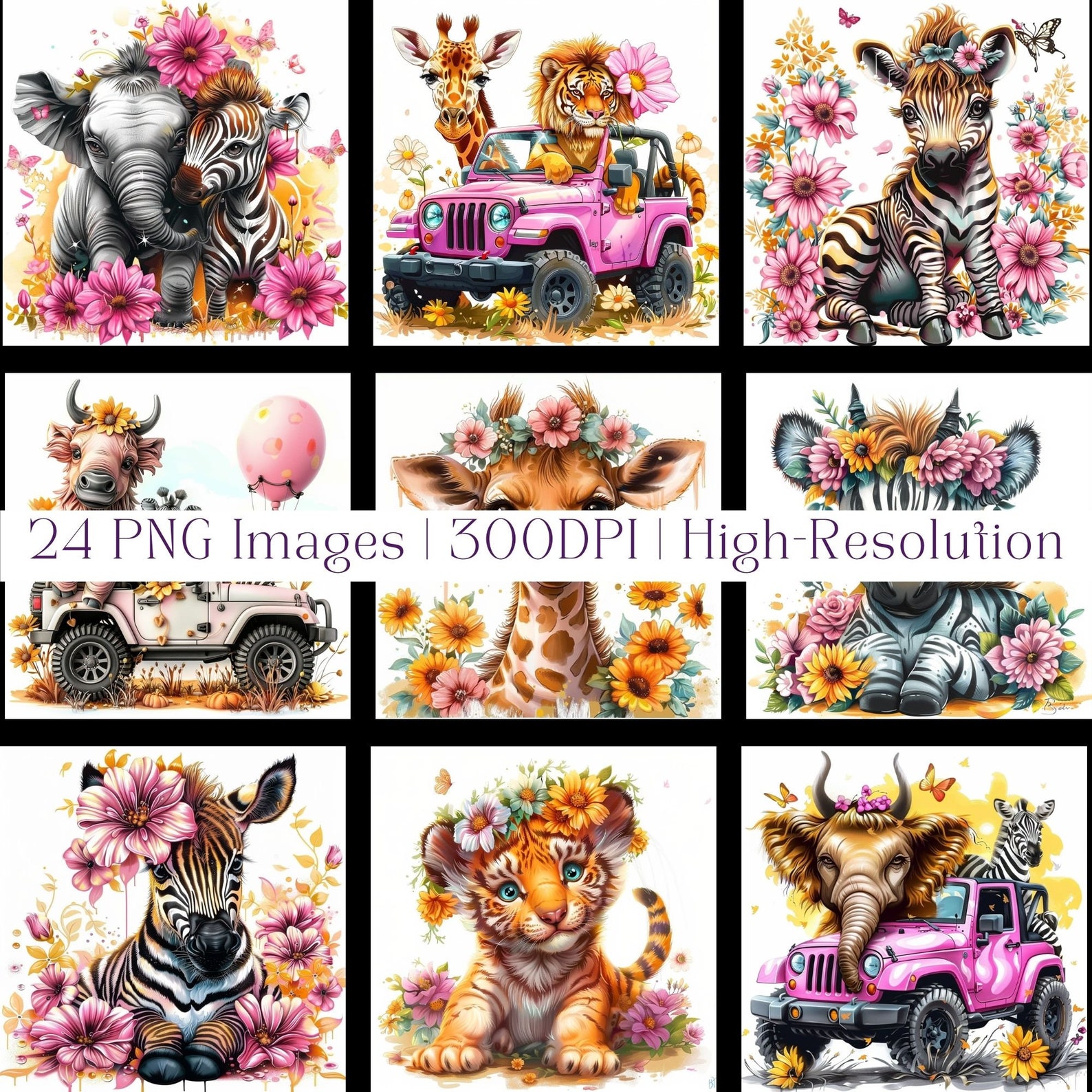 Safari Clipart PNG Bundle, Adorable Girl Jungle Animals, Watercolor ...