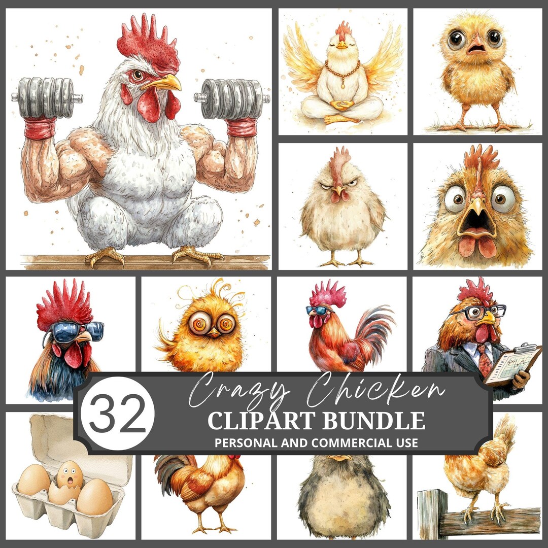 Crazy Chicken Clipart Bundle, Funny Rooster PNG, Farmhouse Chicken Art ...