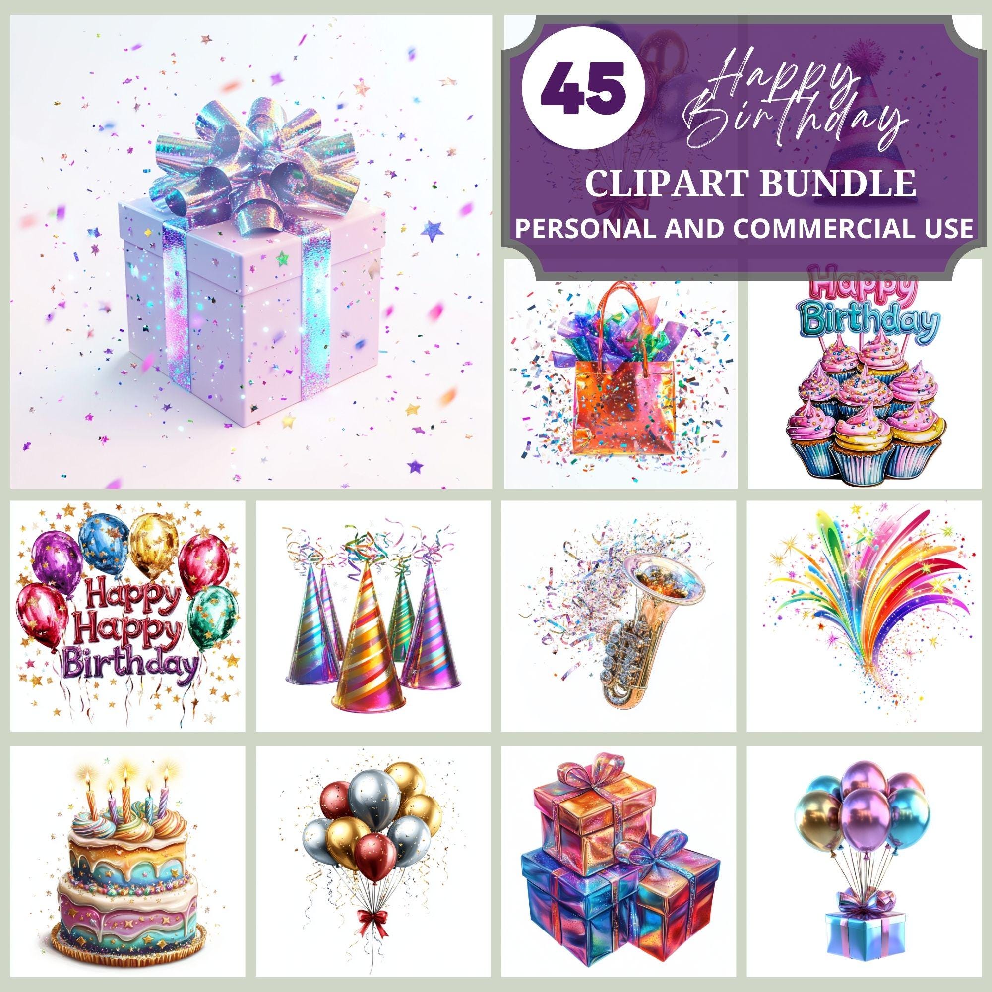 Happy Birthday Clipart Bundle - Celebration Pngs, Party Decor, Birthday ...