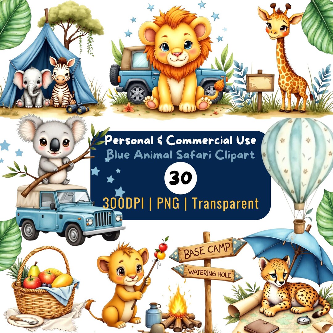 Blue Safari Nursery Clipart Bundle With Jungle Animals, Baby Shower ...