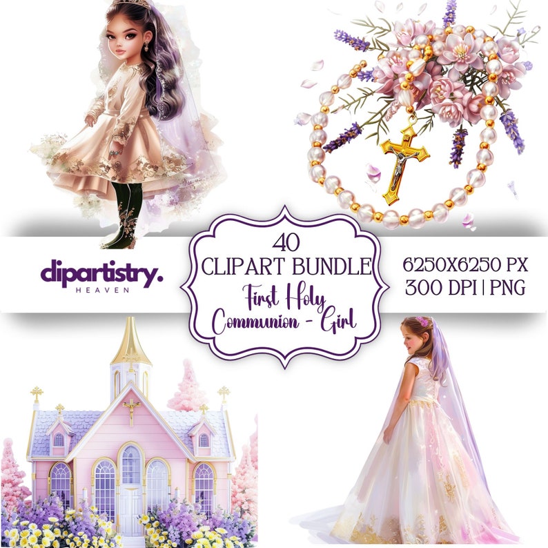 First Communion Clipart for Girls, Watercolor PNG, 40 Transparent ...