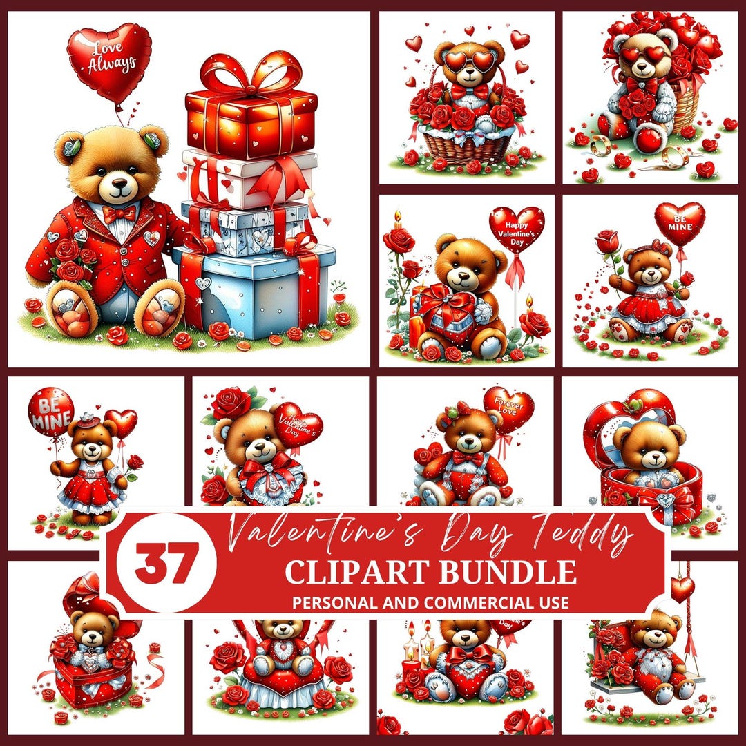 Valentines Day Clipart, Teddy Bear Bundle Watercolor Cats and Love ...